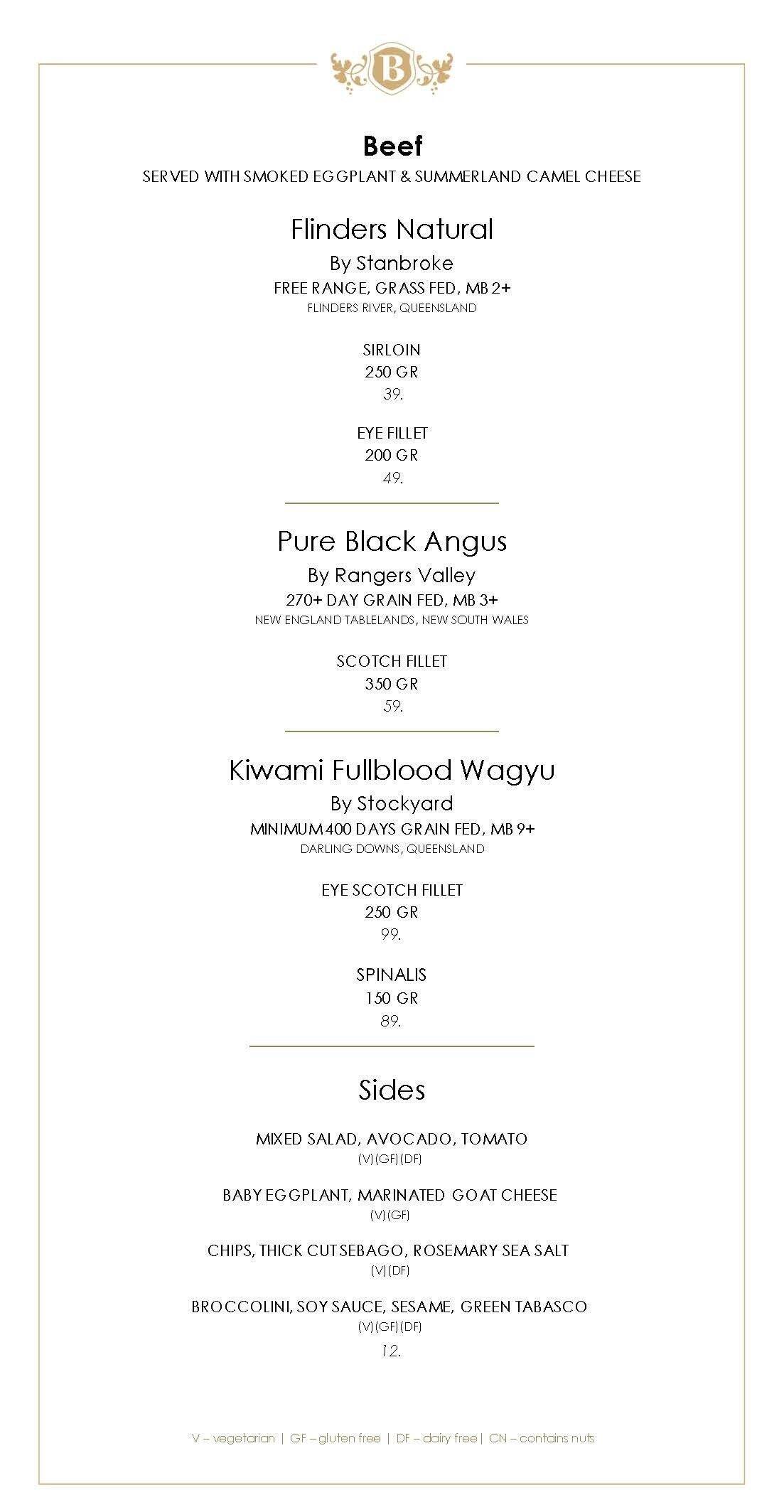 Menu at Bacchus restaurant, South Brisbane, Podium Level