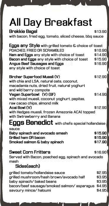 Menu at Cafe on Hedges, Mermaid Beach