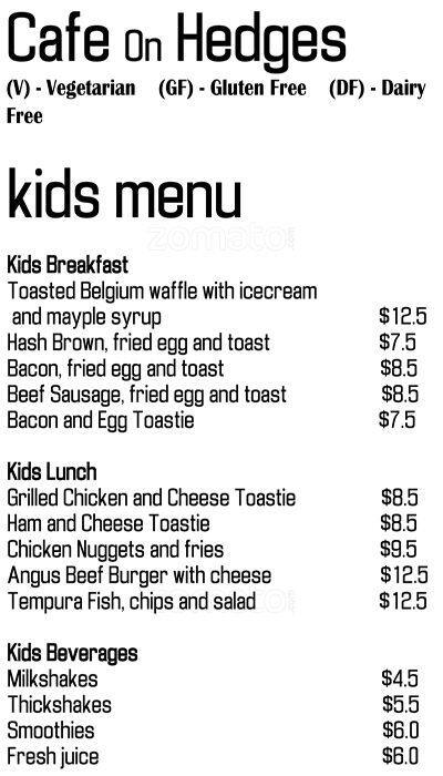 Menu at Cafe on Hedges, Mermaid Beach