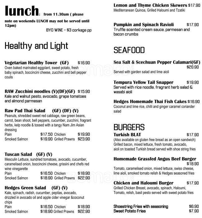 Menu at Cafe on Hedges, Mermaid Beach
