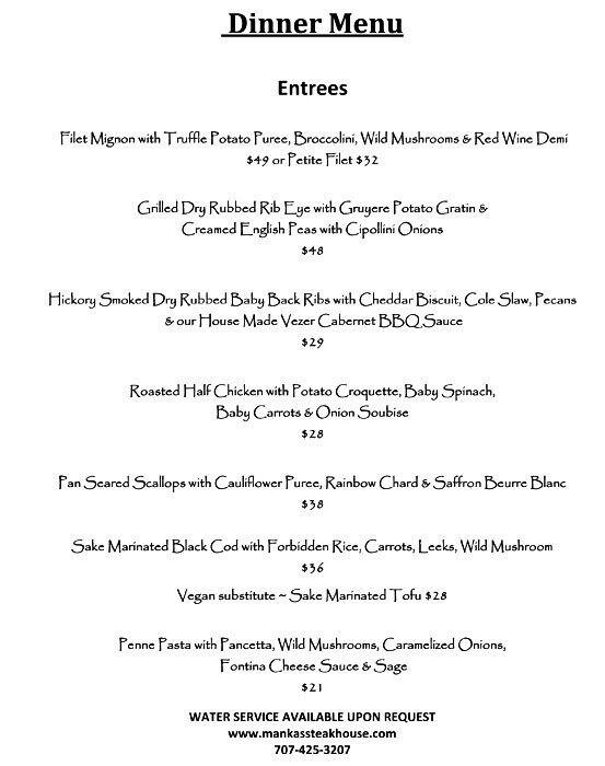 Menu at Mankas Steakhouse, Fairfield