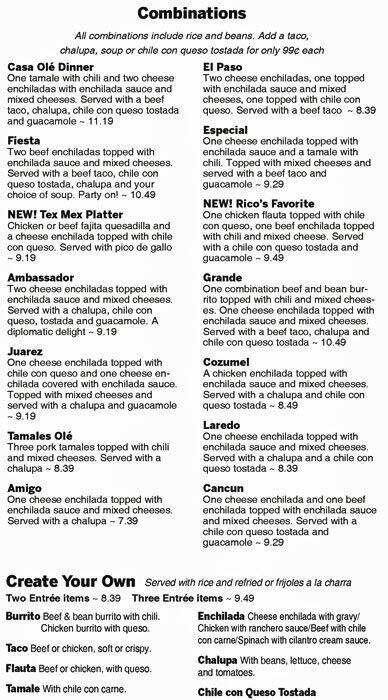 Menu at Casa Ole restaurant, Houston, Hwy 6 N