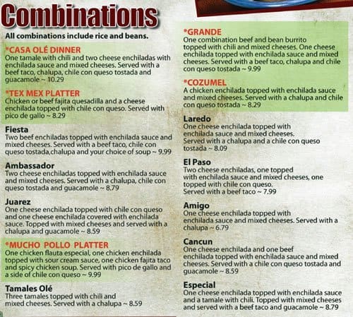 Menu at Casa Ole restaurant, Houston, Hwy 6 N