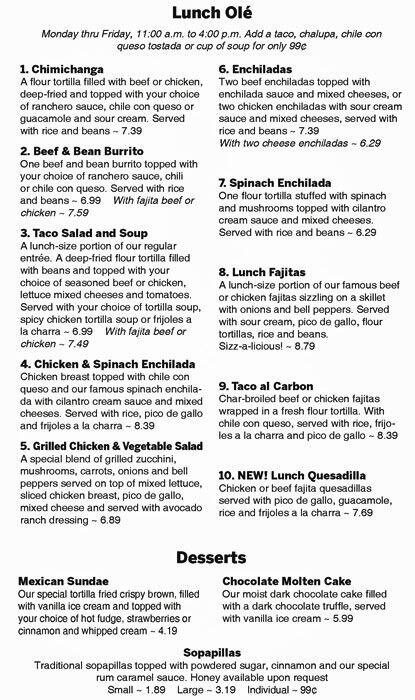 Menu at Casa Ole restaurant, Houston, Hwy 6 N