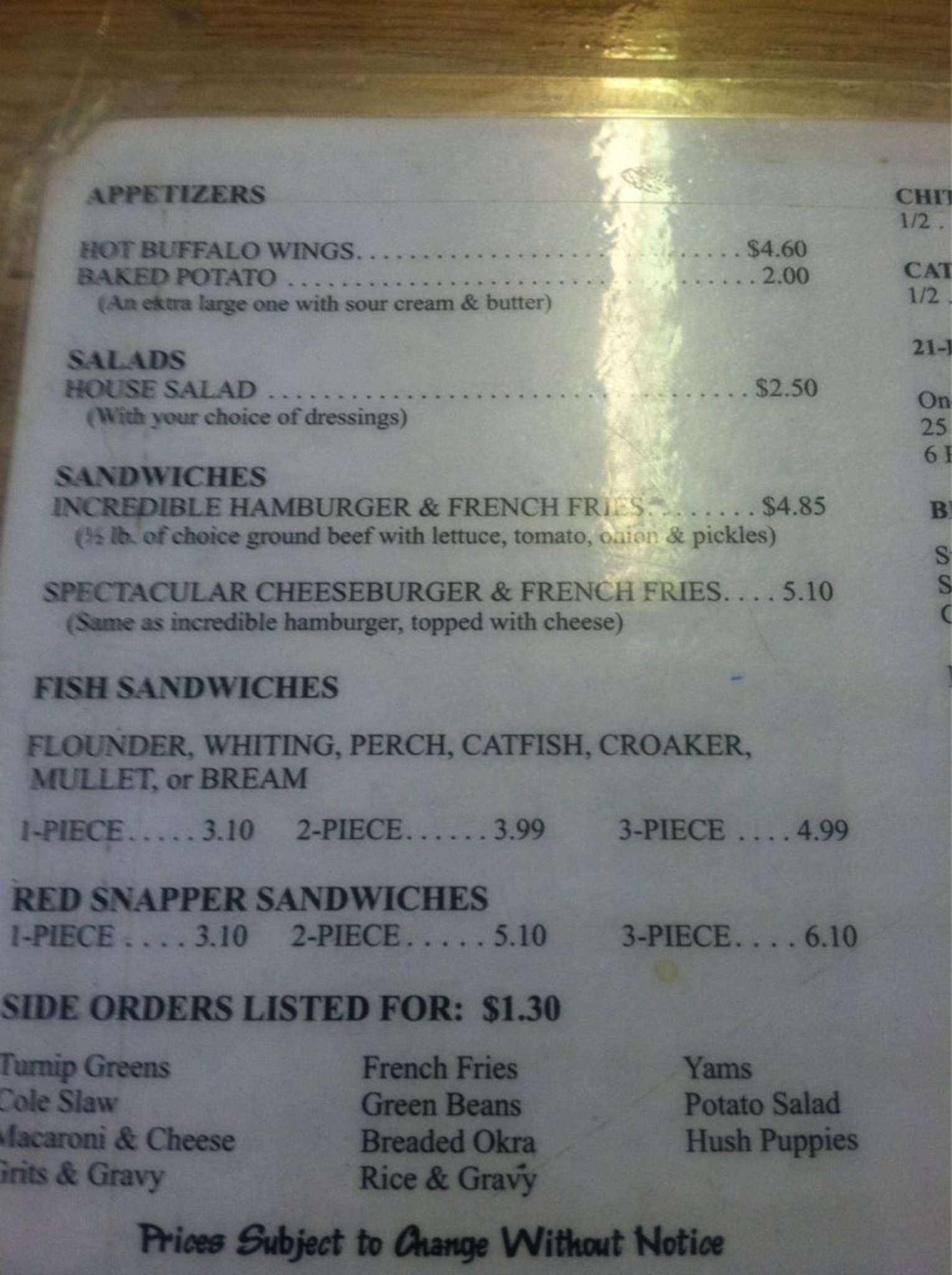 Menu at Bush's Seafood restaurant, Graniteville