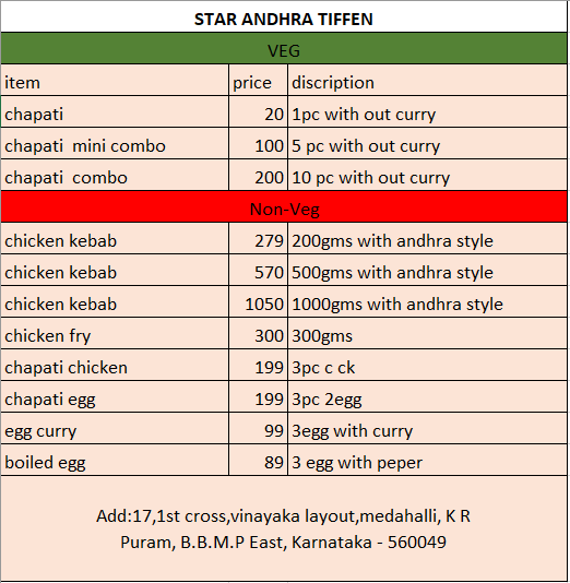 Menu of Star Andhra Tiffin, KR Puram, Bangalore