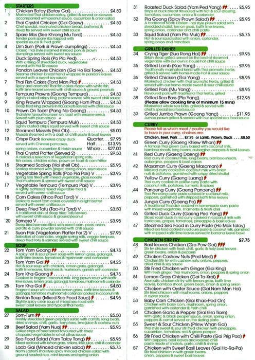 Thai Crystal Menu, Menu for Thai Crystal, Crystal Palace, London ...