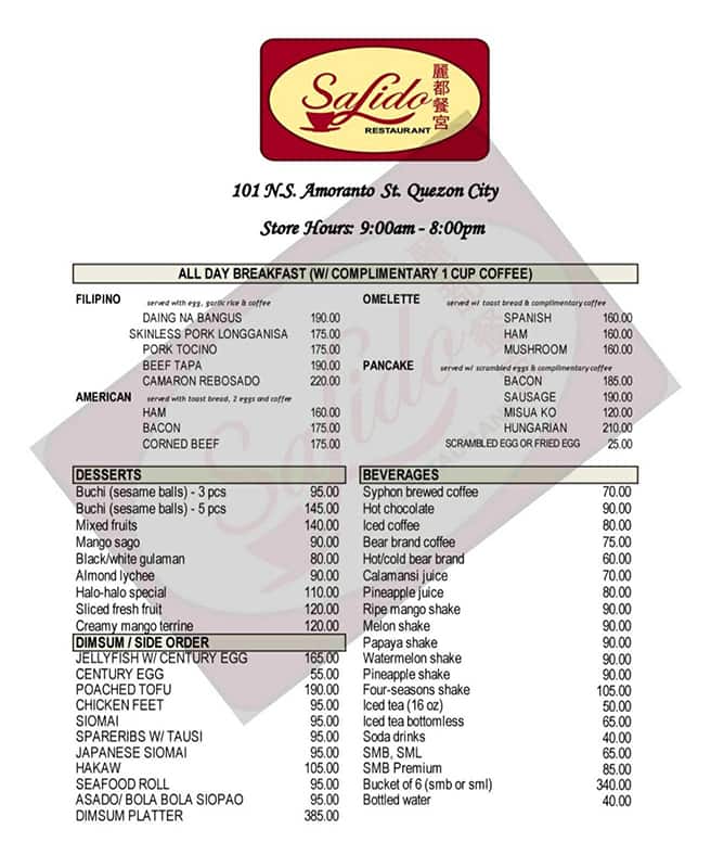 Menu at The Original Salido Restaurant, Manila