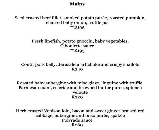 Menu at Terroir restaurant, Stellenbosch