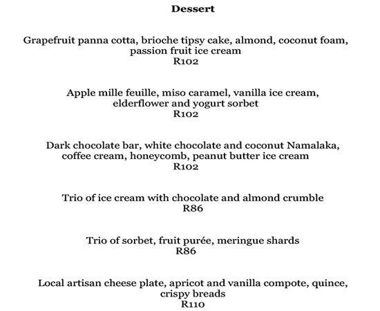 Menu at Terroir restaurant, Stellenbosch