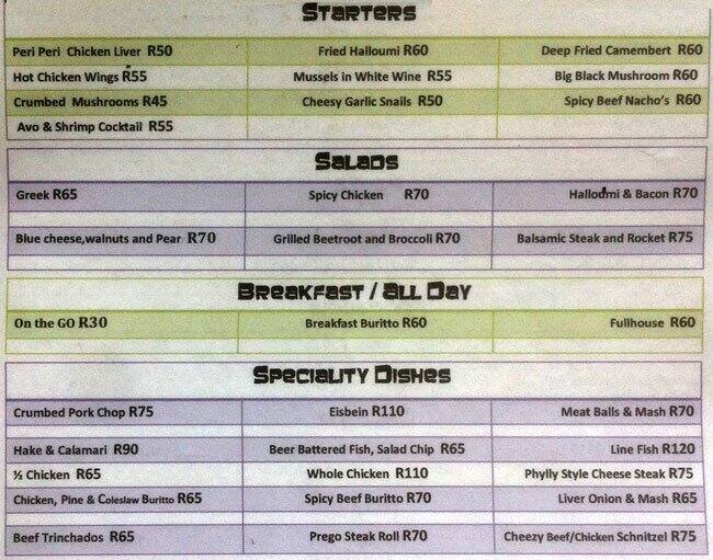 Menu at Rumors Lounge pub & bar, Roodepoort