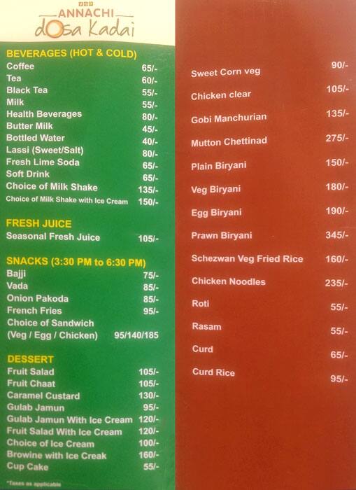 Menu at VGP Annachi Dosa Kadai - 8ft Dosa, Chennai, G P Golden Beach ...