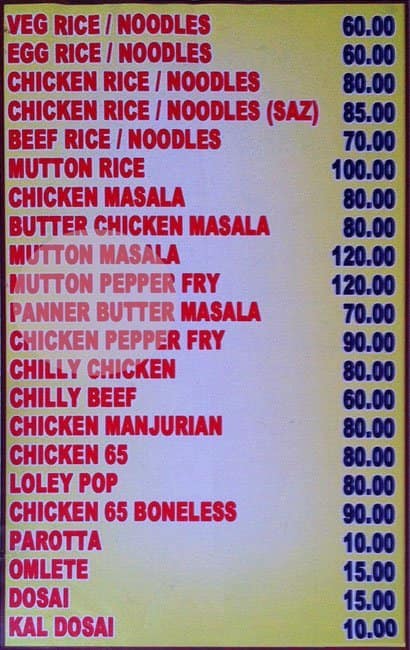 Menu at Kalyani Fast Food, Chennai