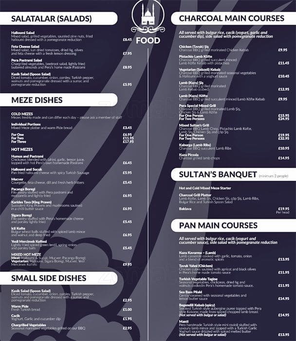 Menu at Pera restaurant, Edinburgh