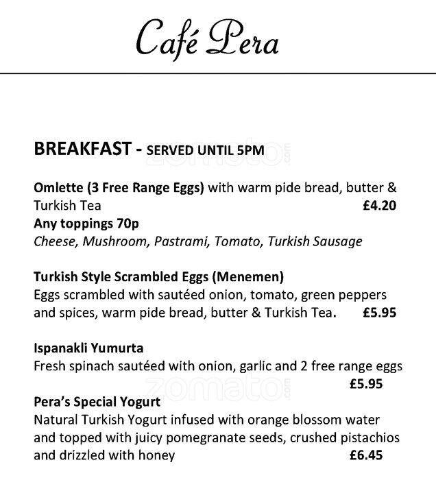 Menu at Pera restaurant, Edinburgh