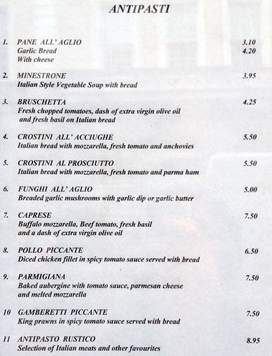 Menu at The Italian Connection restaurant, Dublin
