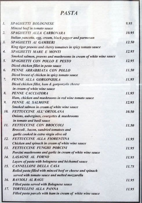 Menu at The Italian Connection restaurant, Dublin