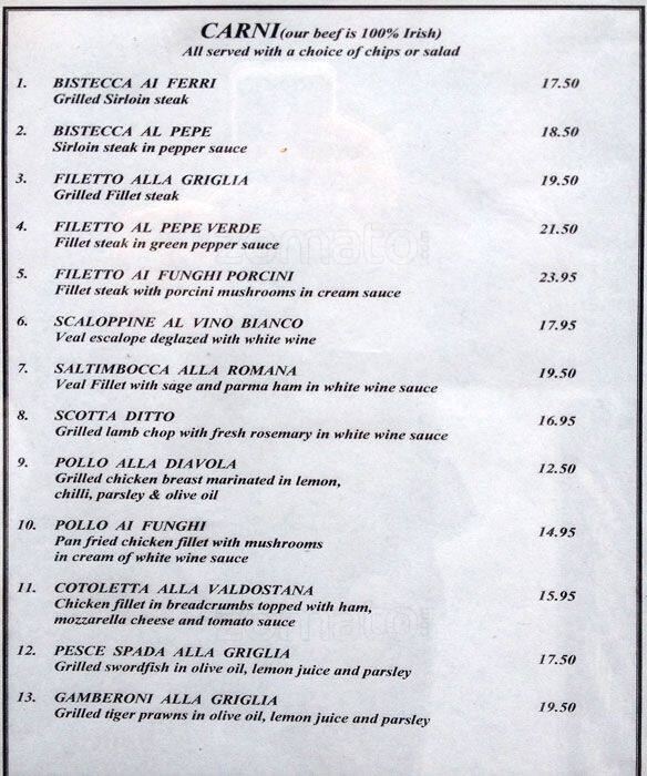 Menu at The Italian Connection restaurant, Dublin