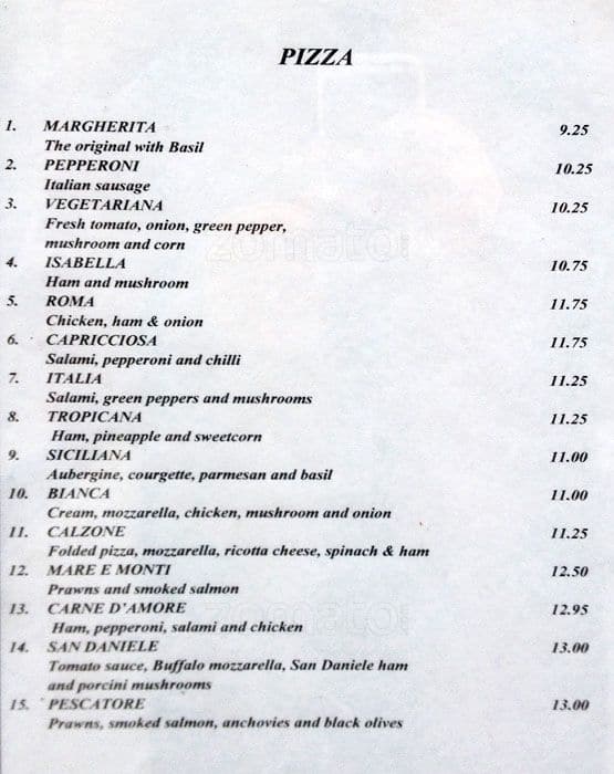 Menu at The Italian Connection restaurant, Dublin
