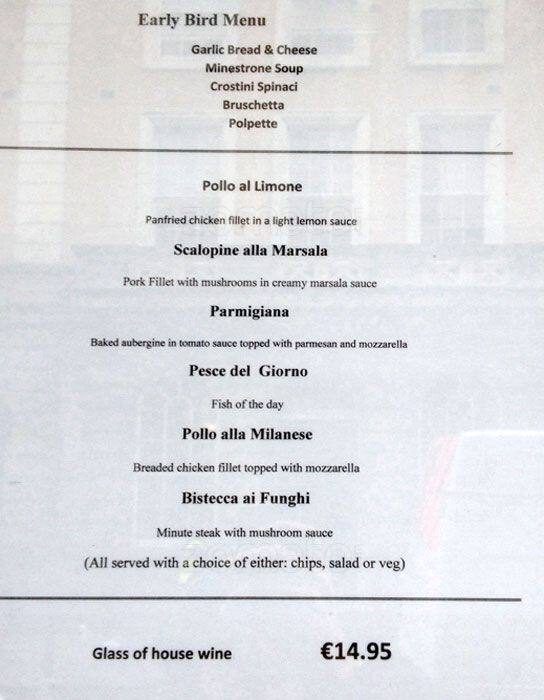 Menu at The Italian Connection restaurant, Dublin