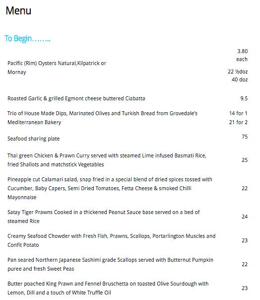 Menu at Fishermen's Pier restaurant, Geelong