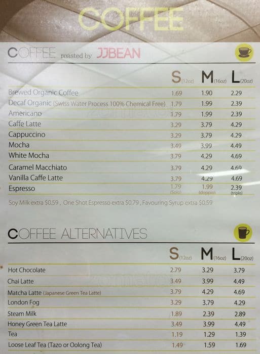 Menu at Gateway Java cafe, Surrey