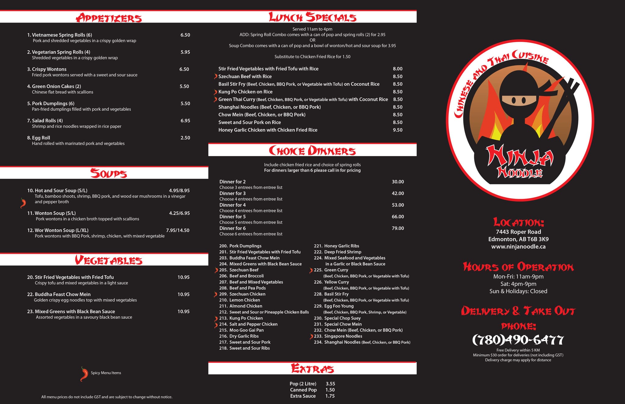 Menu at Ninja Noodle restaurant, Edmonton