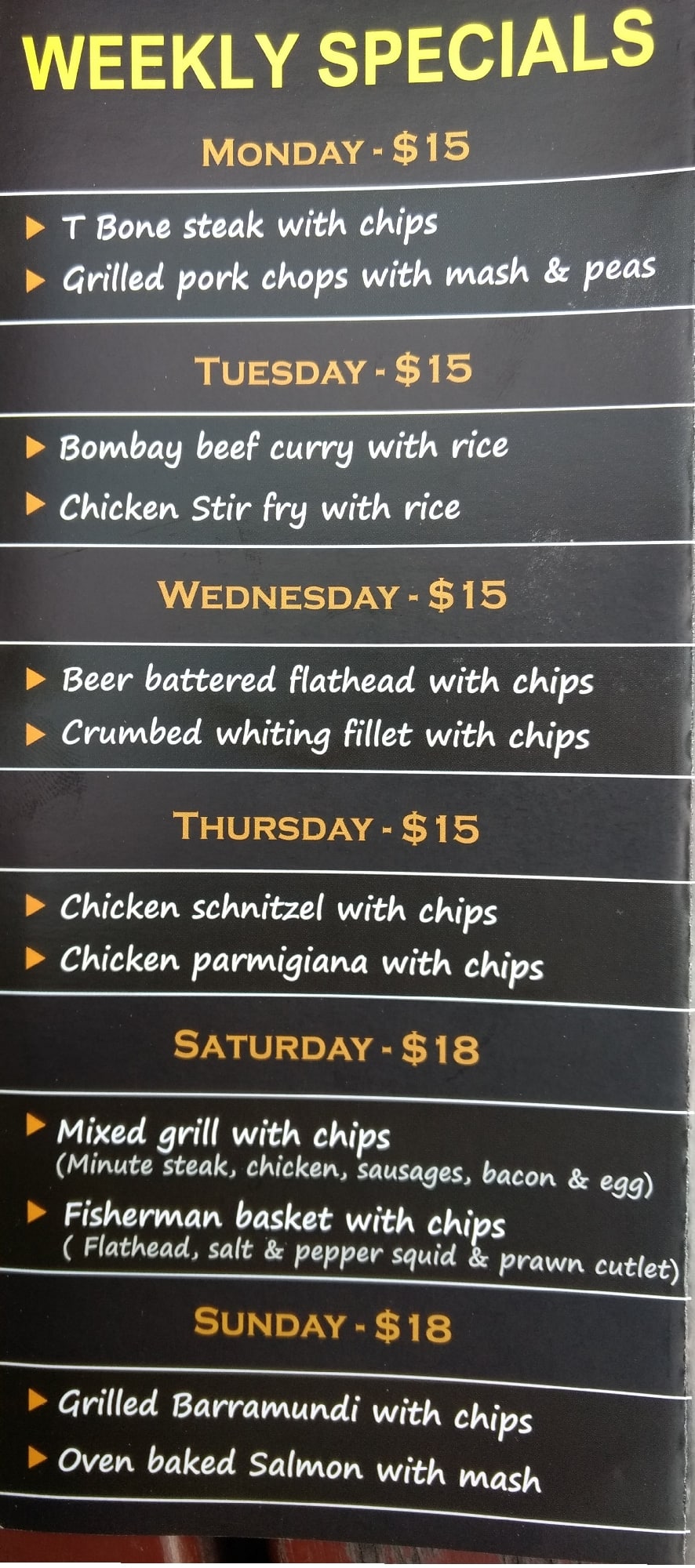 Menu at Rosebery Hotel restaurant, Rosebery