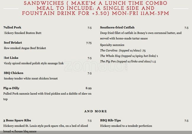 Menu at Boney's BBQ, Denver