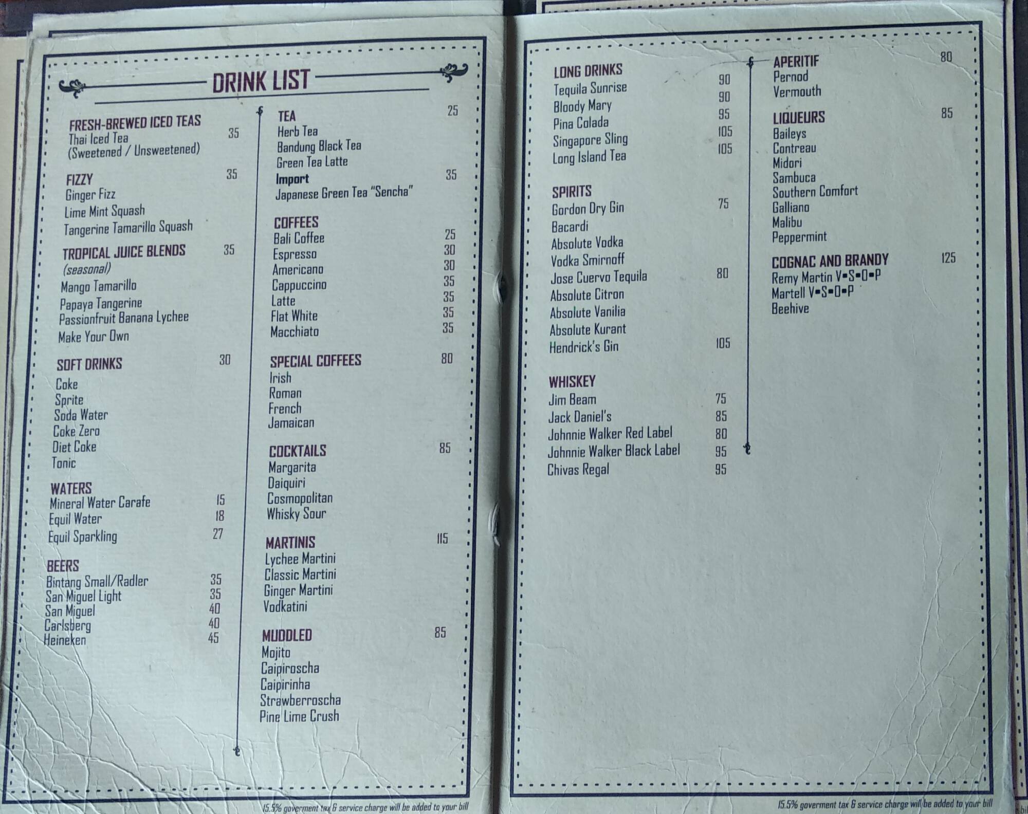 Menu at Siam Sally restaurant, Ubud, Jl. Raya Pengosekan
