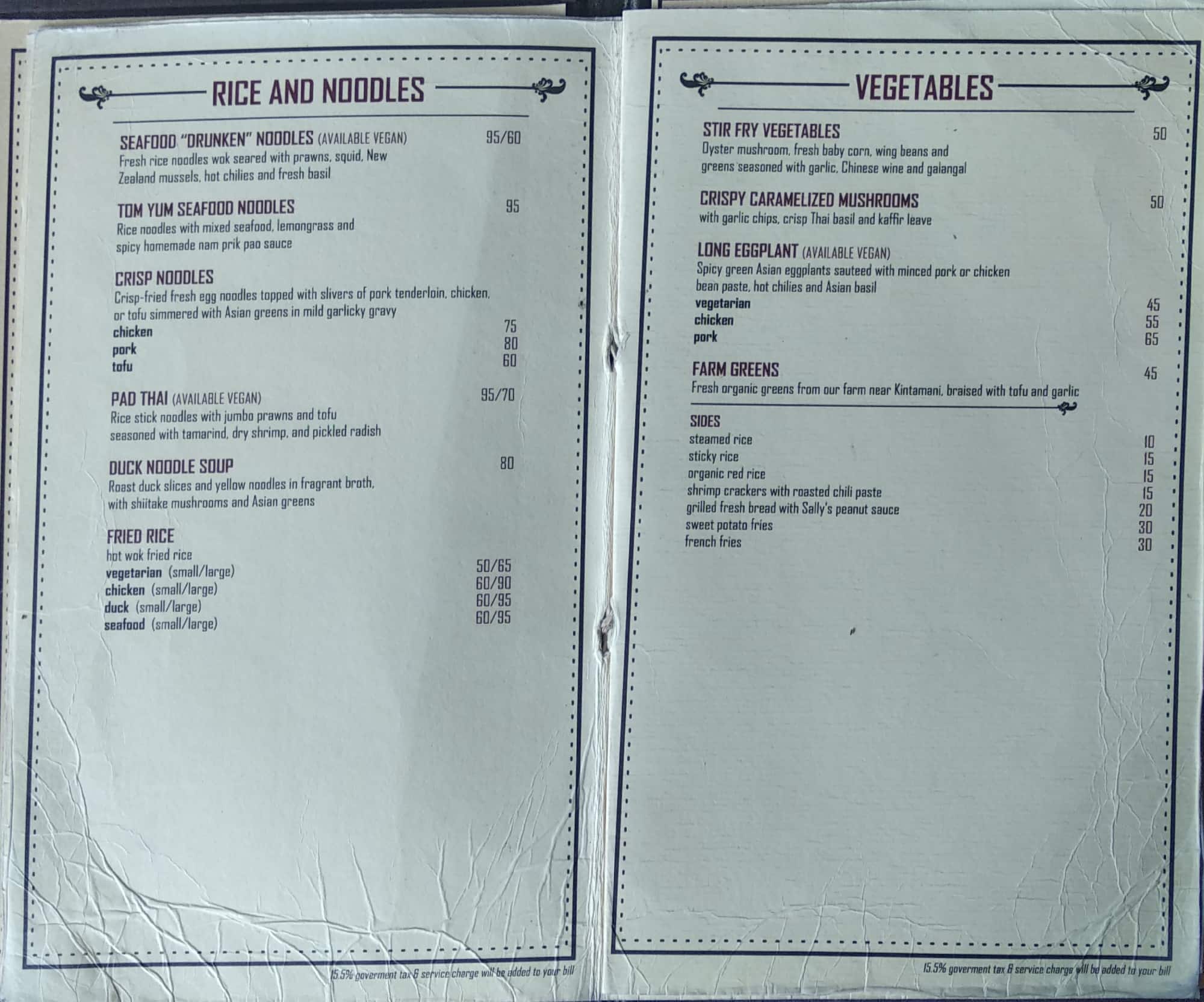 Menu at Siam Sally restaurant, Ubud, Jl. Raya Pengosekan