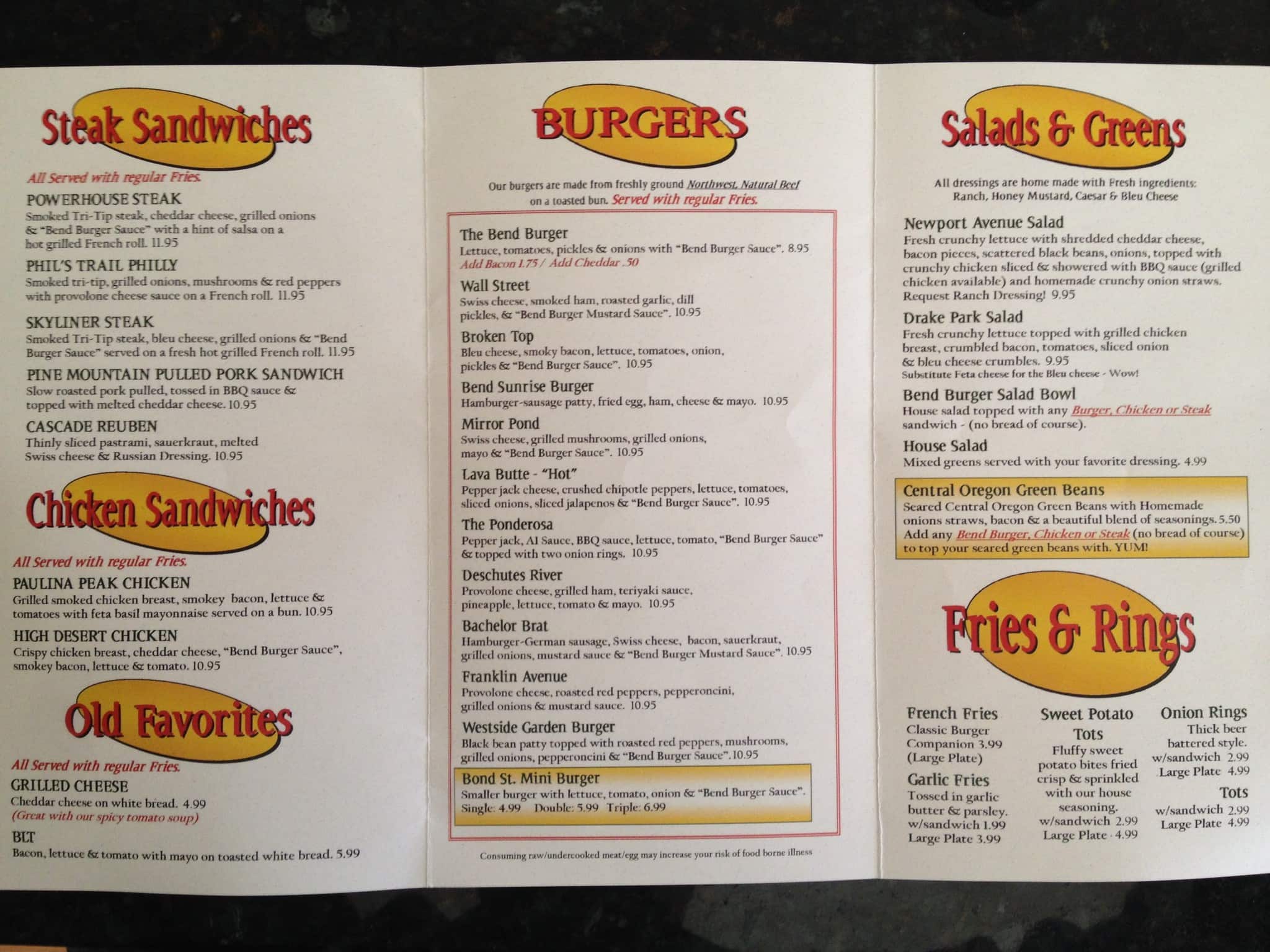 Menu at Bend Burger Company restaurant, Bend, 718 NW Franklin Ave