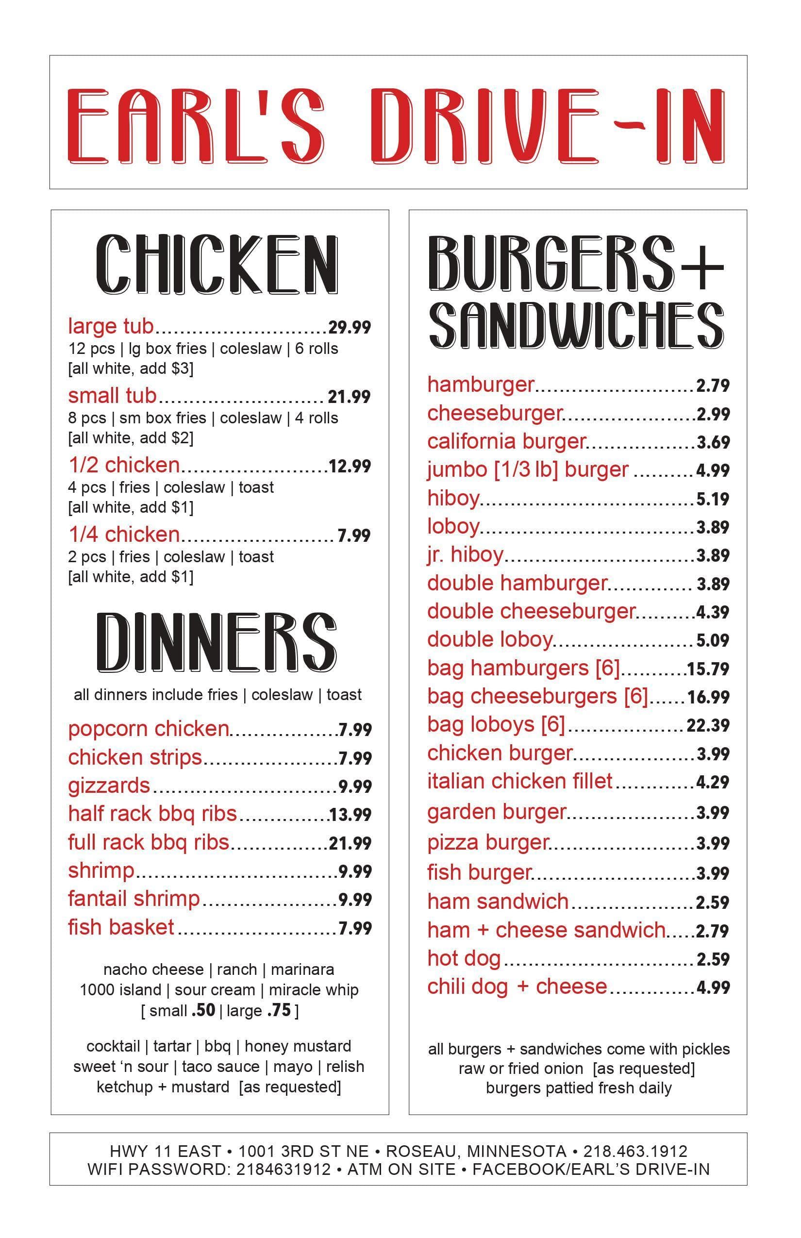 Menu at Earl's Drive-In fast food, Roseau