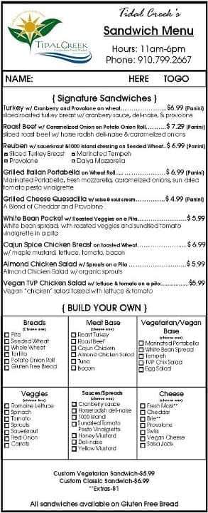 Menu at Tidal Creek Co-op restaurant, Wilmington