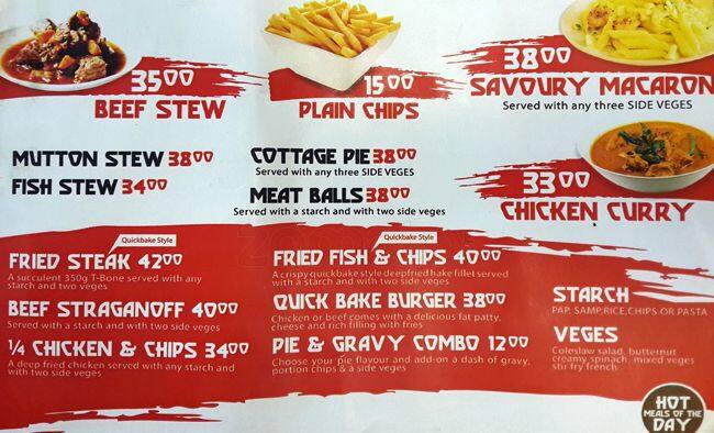 Menu at QUICK BAKE restaurant, Pretoria