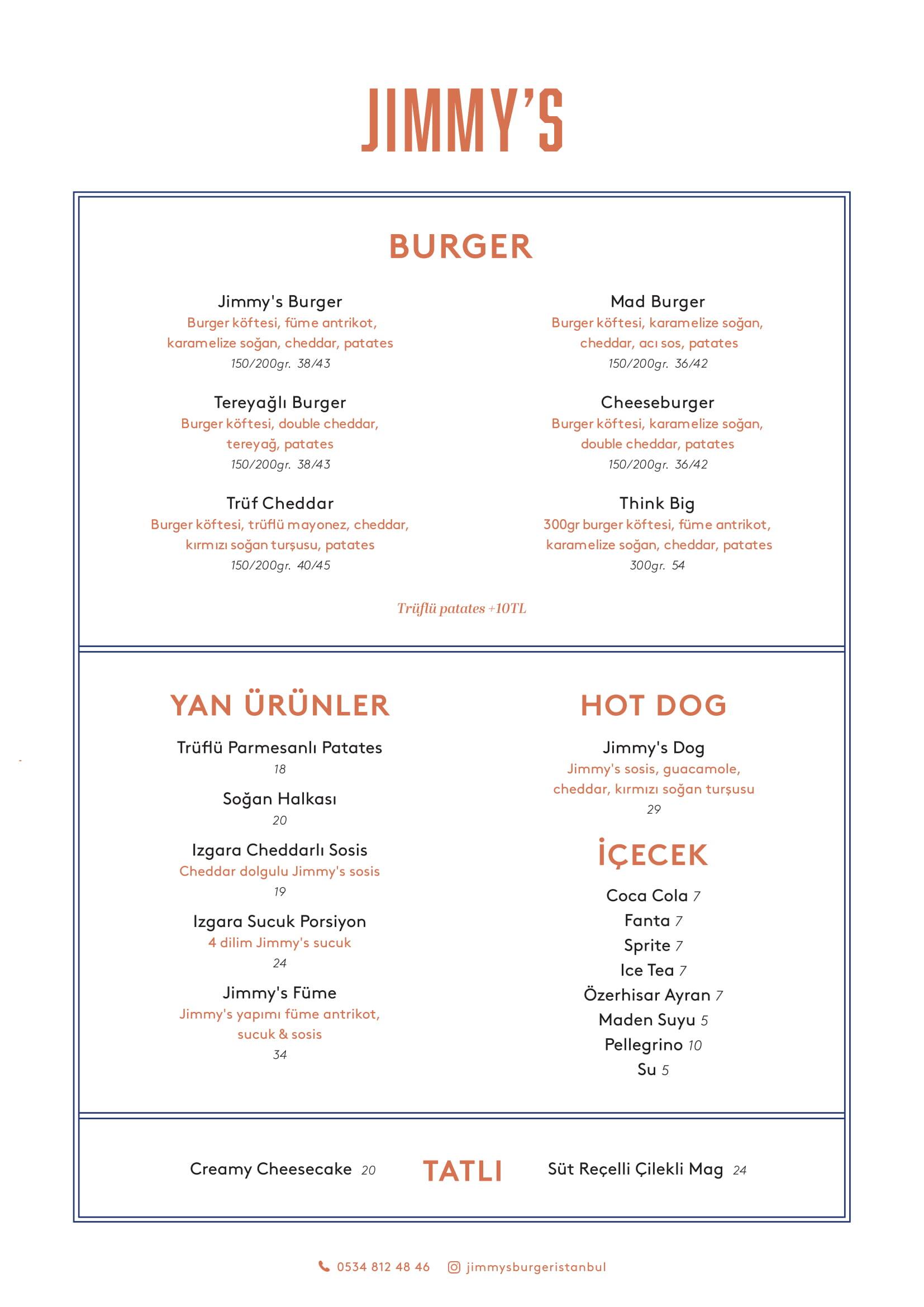 Menu at Jimmy's Burger, Istanbul