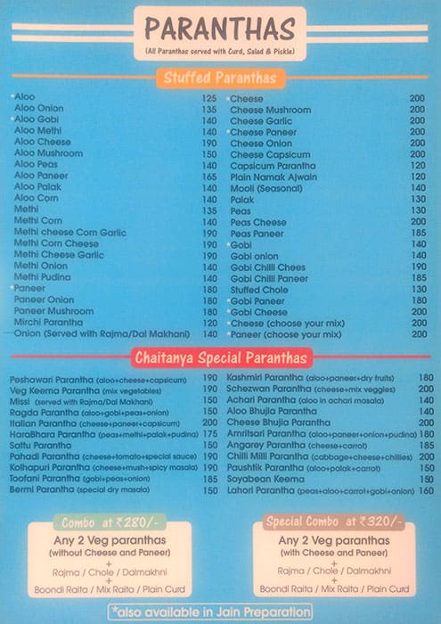 Menu at Chaitanya Paratha's, Pune, 1