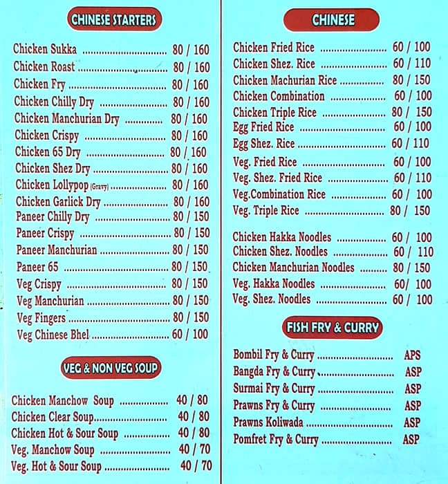 Menu of A.B. Food Corner, Bhayandar, Mumbai