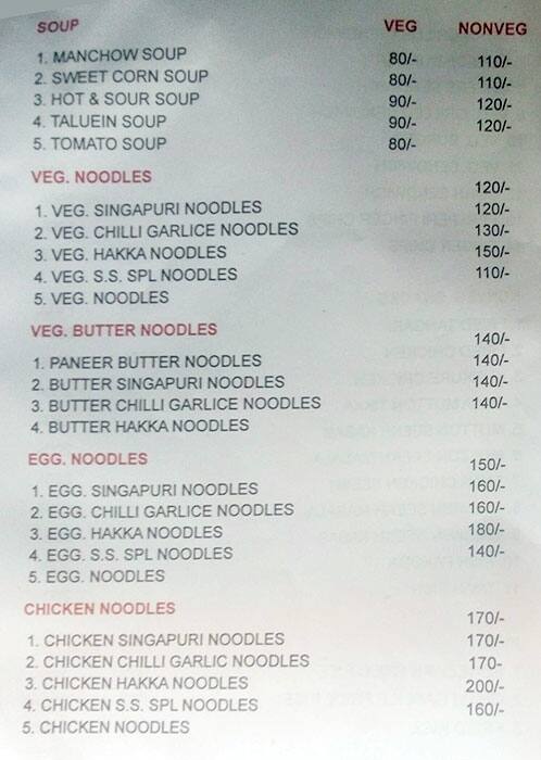 Menu of SS Corner, Pitampura, New Delhi