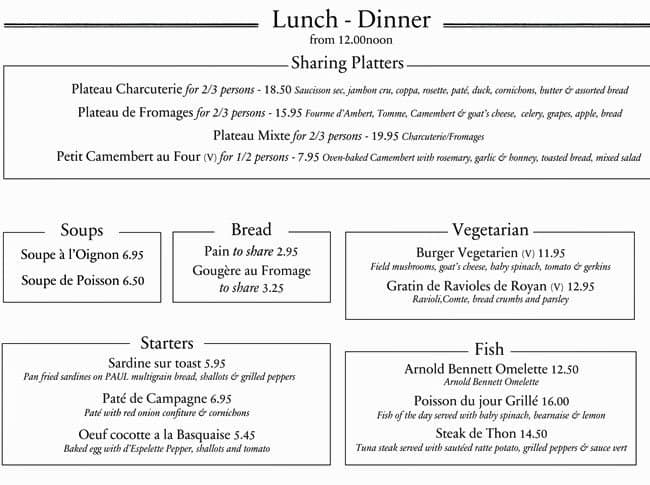 Menu at Paul cafe, London, 6 Piccadilly Arcade