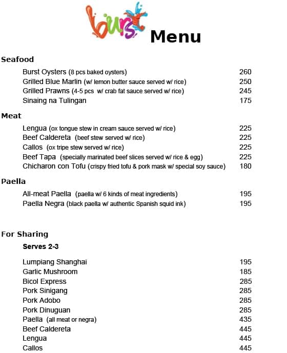 Menu at Burst restaurant, Makati, 2nd Floor Alphaland Makati Place