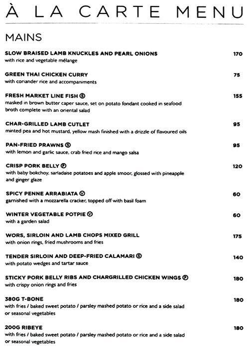 Menu at Point of View - Restaurant & Bar, Cape Town