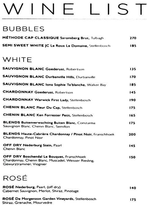 Menu at Point of View - Restaurant & Bar, Cape Town