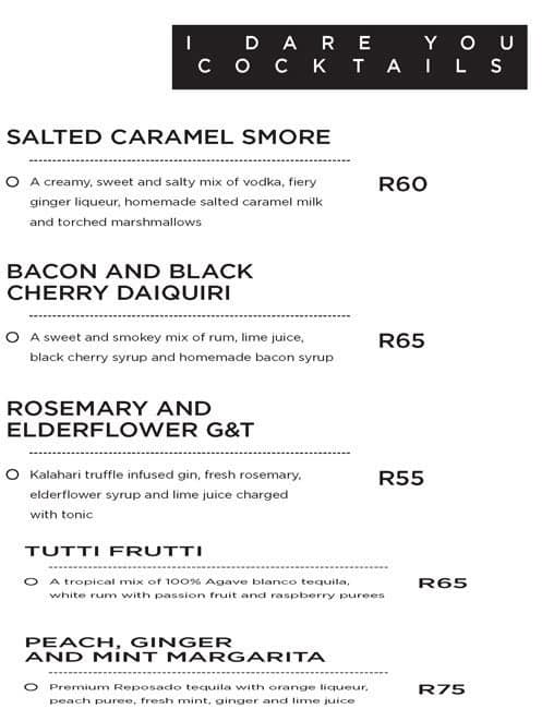 Menu at 3Sixty° Liquid Lounge Montecasino restaurant, Randburg
