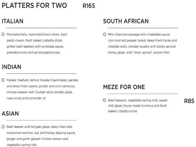 Menu at 3Sixty° Liquid Lounge Montecasino restaurant, Randburg