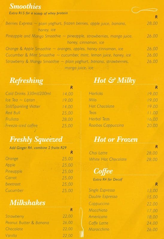 Carta del café Grate Express, Sandton