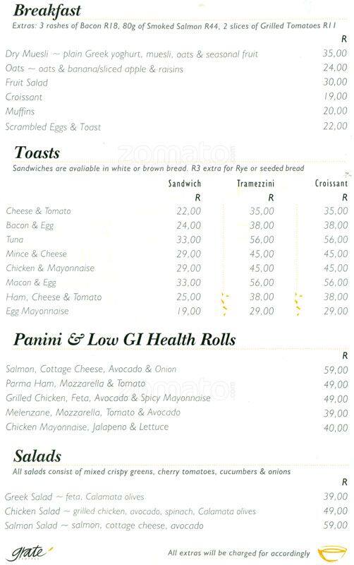 Carta del café Grate Express, Sandton
