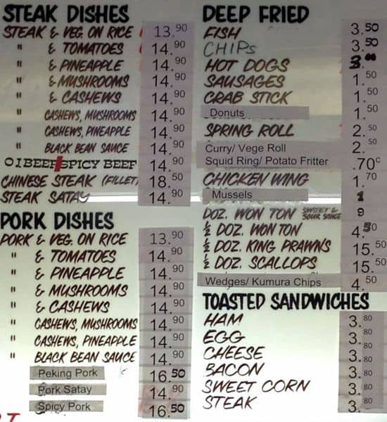 Menu at Chans Restaurant, Masterton