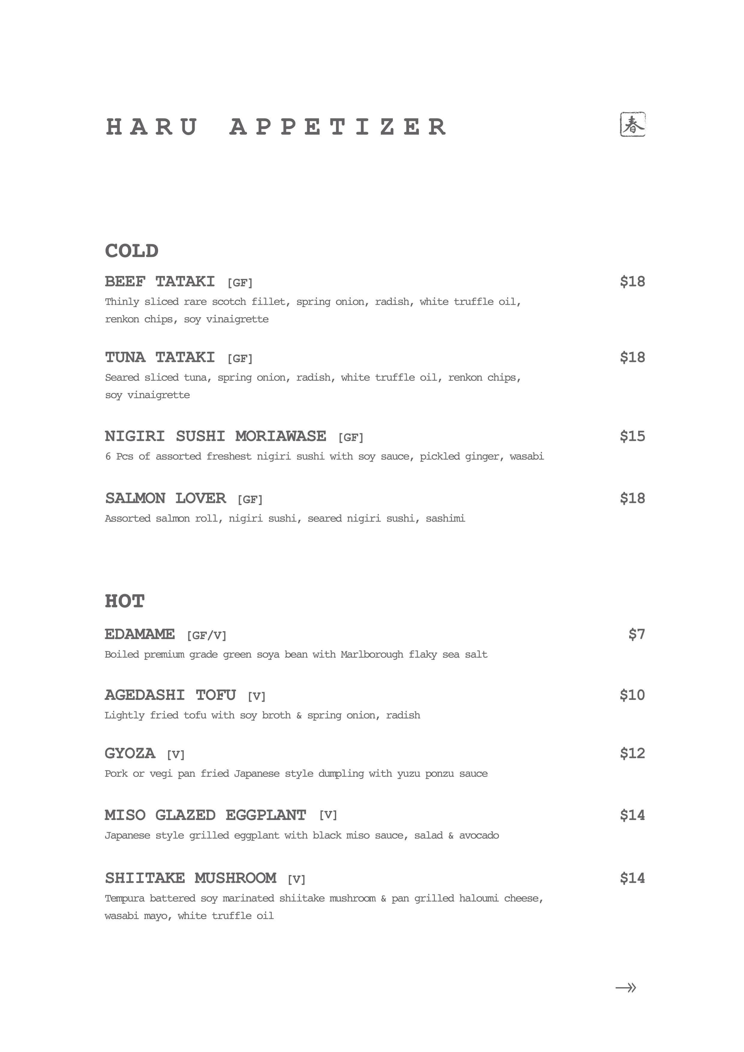 Menu at Haru restaurant, Palmerston North