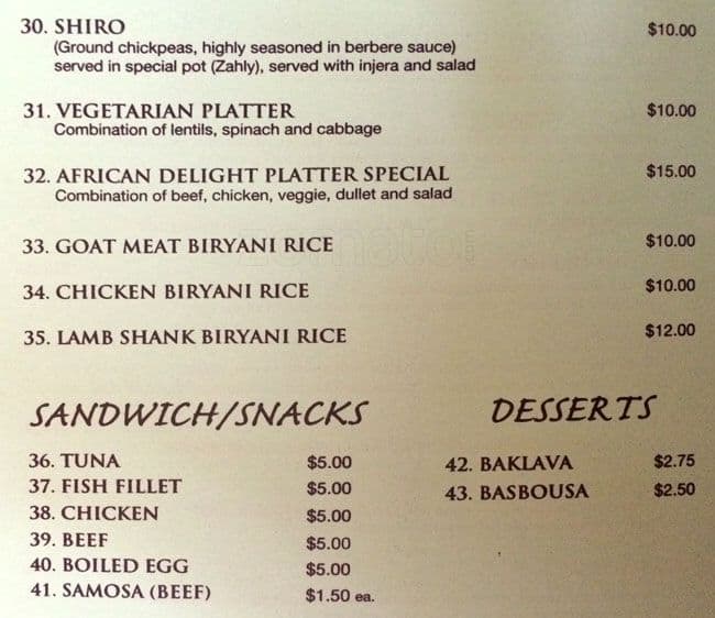 Menu at African Delight Cafe and Restaurant, Toronto